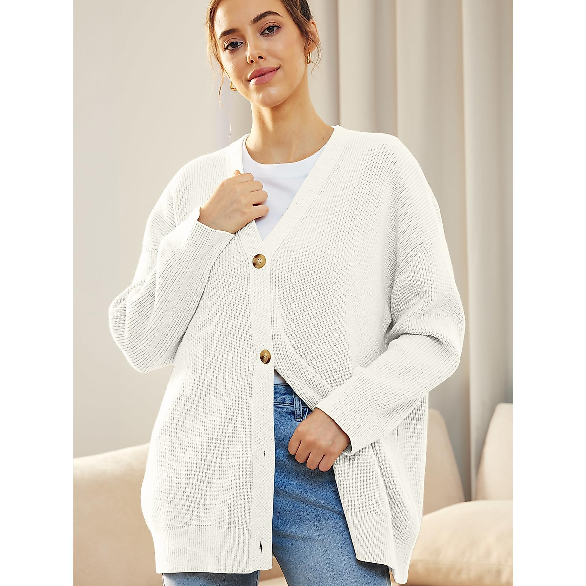 EFAN Womens White Cardigan Sweaters 2025 Trendy Oversized Sweater Long Cardigans V Neck Lightweight Knit Clothes Outfits