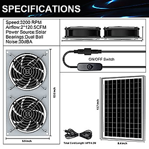 LiLDiHO Solar Fan, 15W Solar Panel + 2 Pcs High Speed DC Brushless Fan with 14FT Cable, IP67 Waterproof. Wall-Mounted Ventilation and Cooling Vent for Greenhouse, Chicken Coop, Shed, Attic, Etc