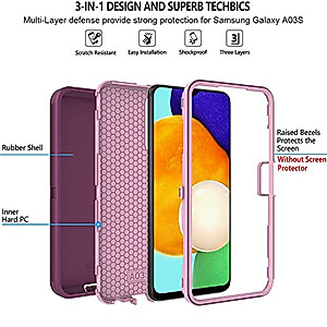 Qinmay for Samsung Galaxy A03S Case with HD Screen Protector [2 Packs], [Not Fit A02S] Shockproof Dustproof 3 in 1 Durable Phone Case, WineRed Pink