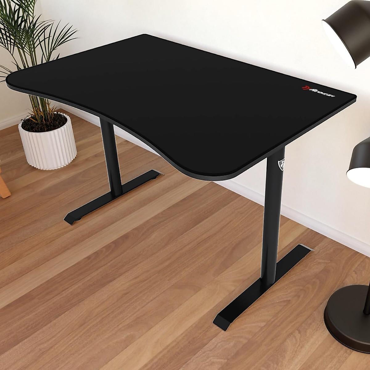 Arozzi Arena Fratello Curved Gaming and Office Desk with Full Surface Water Resistant Desk Mat Custom Monitor Mount Cable Management Cut Outs Under The Desk Cable Management Netting - Pure Black