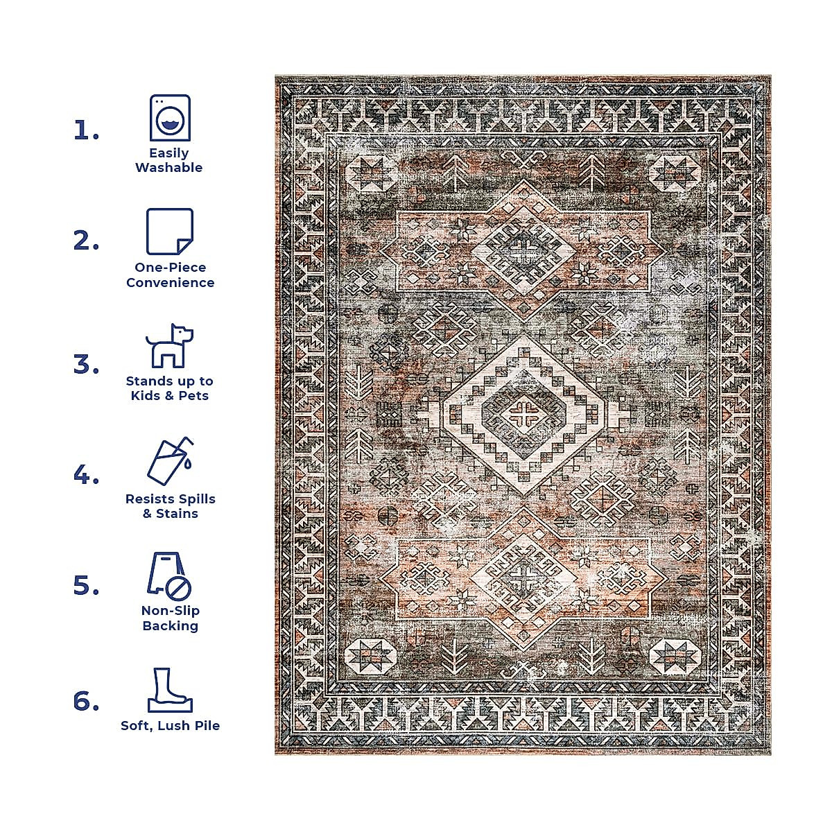 nuLOOM 8x10 Machine Washable Rain Haven Vintage Medallion Area Rug, Rust, Traditional Faded Design, Non-Slip Backing, Stain Resistant, For Bedroom, Dining Room, Living Room, Kitchen