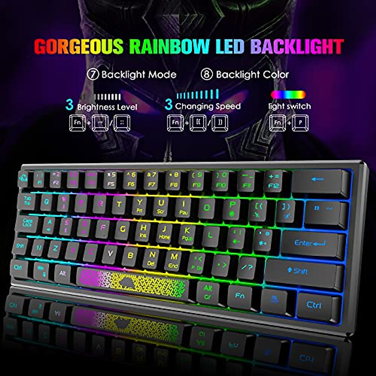 Gaming Keyboard and Mouse Combo Mini Portable with Chroma RGB Backlit Ergonomic 62Key Layout 19Key Anti-ghosting Mechanical Feel 3200DPI Honeycomb Mice USB Wired for PC Mac Gamer Laptop Typists(Black)