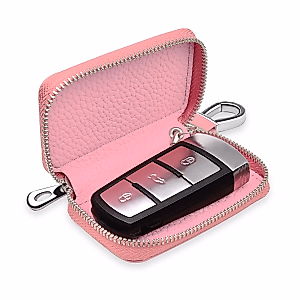 Buffway Car Key Cover,Genuine Leather Car Smart Key Chain Coin Holder Metal Hook and Keyring Wallet Zipper Bag for Auto Remote Key Fob - Pink