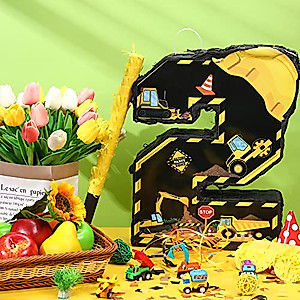 Small Number 2 Construction Pinata Pull String Dump Truck Two Pinata Tractor Excavator Pinata with Blindfold Stick Confetti for Boys Kids Construction Themed 2nd Birthday Decorations Party Supplies