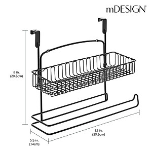 mDesign Over Cabinet Paper Towel Holder with Multi-Purpose Basket Shelf - Hanging Storage Organizer for Kitchen, Pantry, Laundry, Garage - Holds Dish Soap, Cleaners, Sponges - Metal Wire - Black