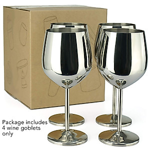 PG Set of 4 Stainless Steel Wine Glass - 18.5oz Silver Mirror Finished Wine Glasses - Unbreakable Wine Glasses - Stem Metal Wine Goblets