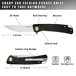 Tunafire Folding Pocket Knife for Men,Utility Knife with 3 inch D2 Steel Blade Micarta Handle,EDC Tactical Knife with Clip for Outdoor Hunting Survival Camping (Black)