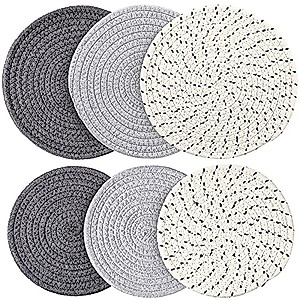 6 Pieces Pot Trivets Large Braided Woven Trivet Coaster, Cotton Thread Weave Cup Coaster Hot Pot Dish Trivet Pad Mat for Kitchen Cooking Supplies (Gray, Dark Gray, White Gray,7 Inch and 9 Inch)