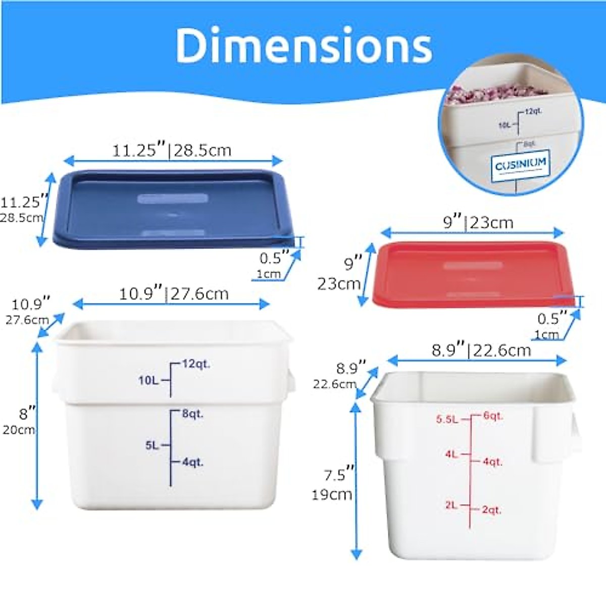 CUSINIUM 6 qt + 12 qt Square White Food Storage Container Set with Lids