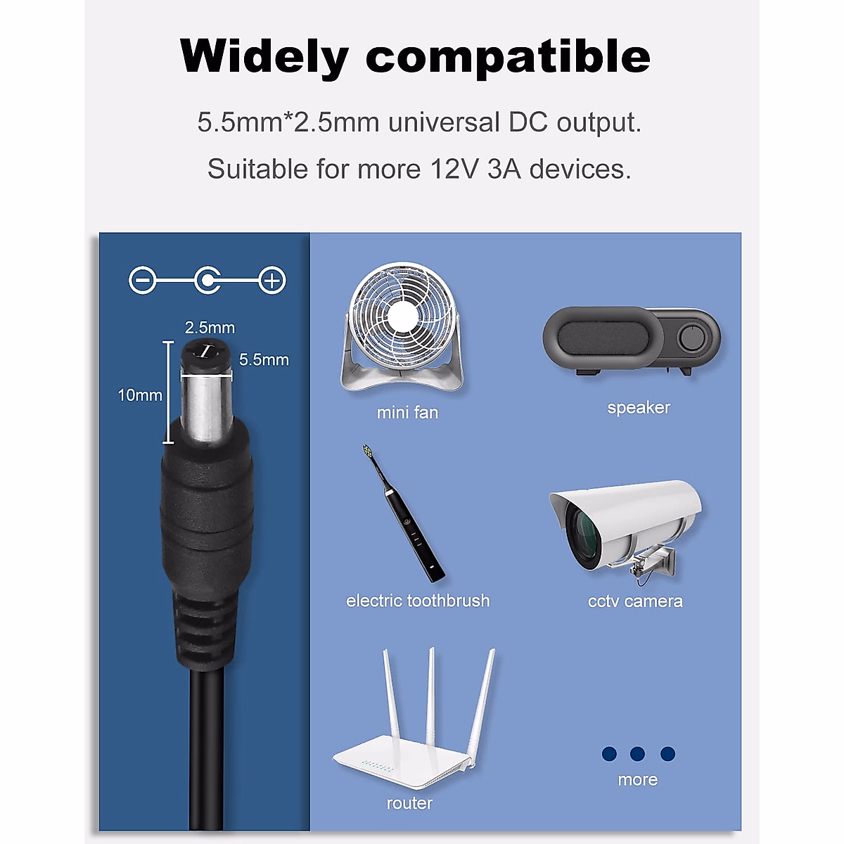 DC 12 Volt 3 Amp Power Supply Adapter 3A AC Adapter 100-240V 50-60Hz AC to DC 12V Cord with 5.5mmx2.5mm DC Barrel & 1 Tip for LED Strip Lights Speakers Routers [DC 12V 3A]