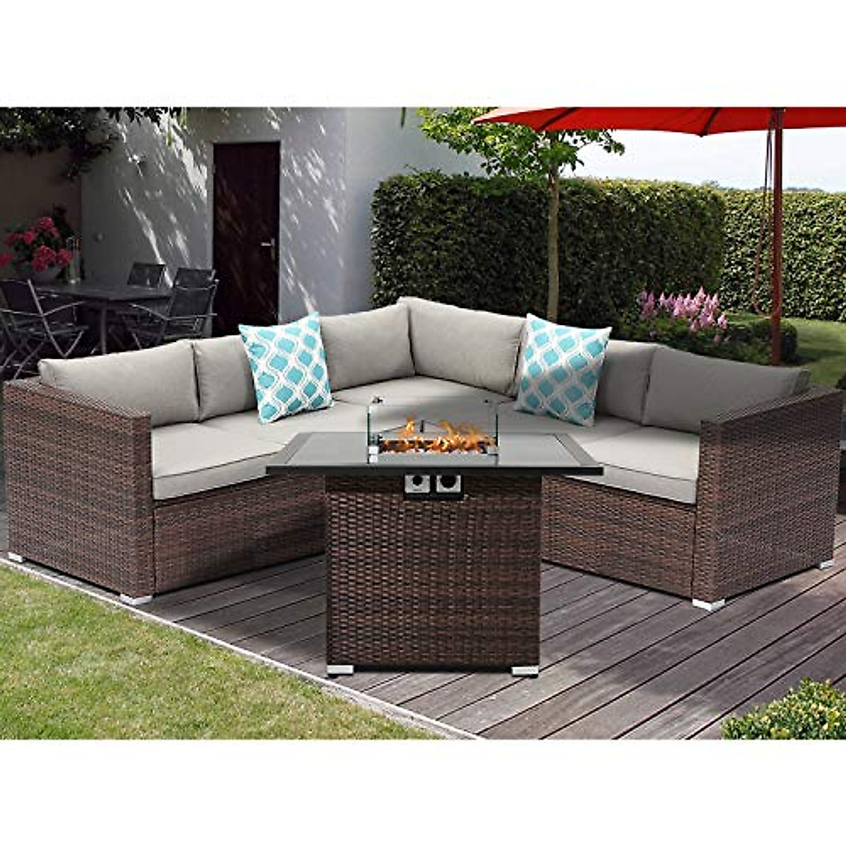SUNBURY Outdoor Patio Furniture 4-Piece Wicker Sectional Sofa w 36-inch Square Propane Fire Pit Fire Pit Table(40,000 BTU),Internal Tank Storage,Glass Wind Guard