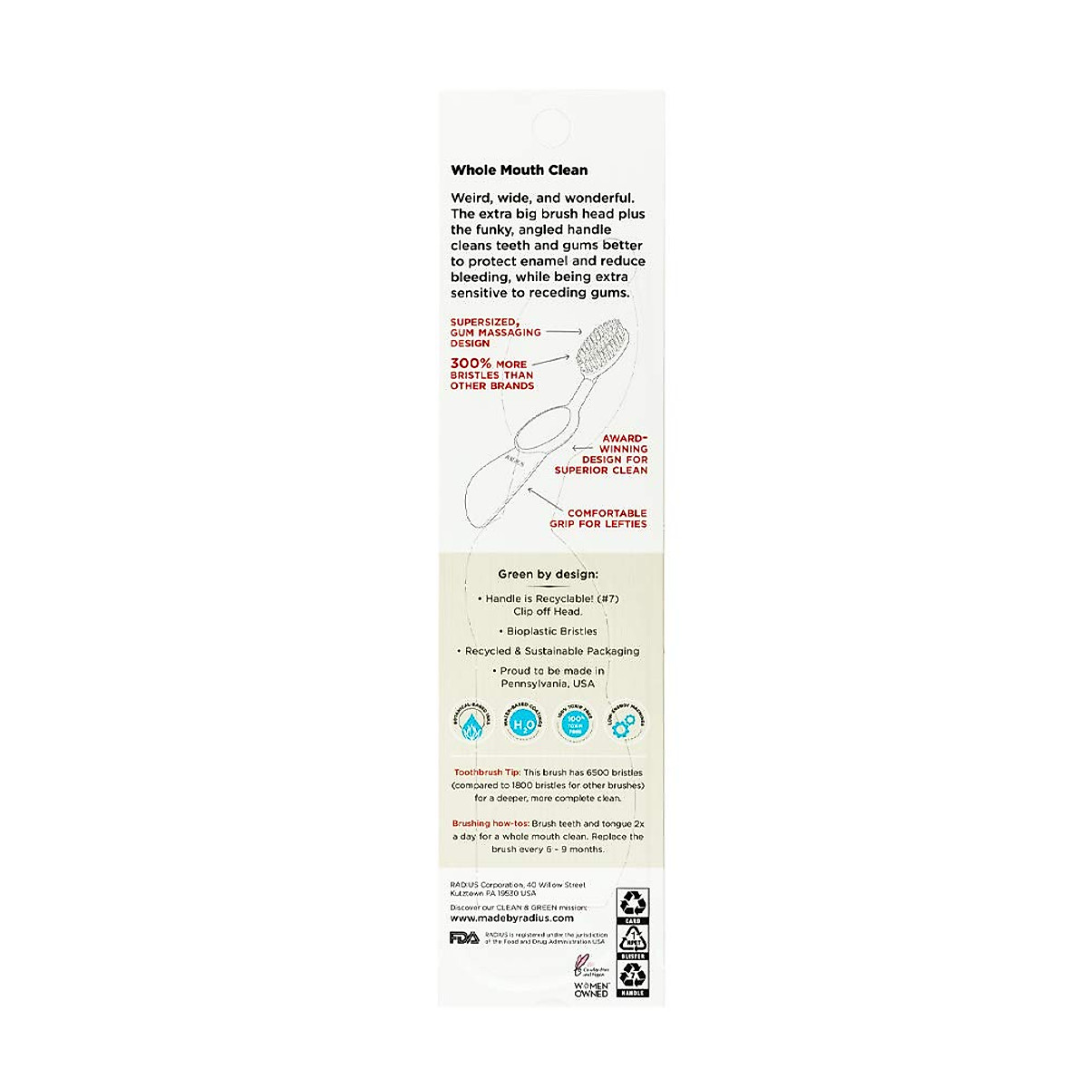 RADIUS - Original Left Hand Toothbrush, Soft Bristles, Designed to Improve Gum Health and Reduce the Risk of Gum Disease, Made with Sustainable Materials (Colors May Vary)