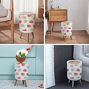 Small Trash Can with Lid for Bathroom Kitchen Office Diaper Fruit Cute fresh strawberry pink polka dot isolated white Design for Bedroom Garbage Trash Bin Dog Proof Waste Basket Cute Decorative