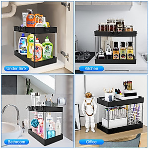 Piashow Under Sink Organizer, 2-Tier Under Sink Storage Organizer, Bath Collection Basket with 4 Hooks, Multi-purpose Bathroom Standing Rack, Storage Shelf for Kitchen (Black)