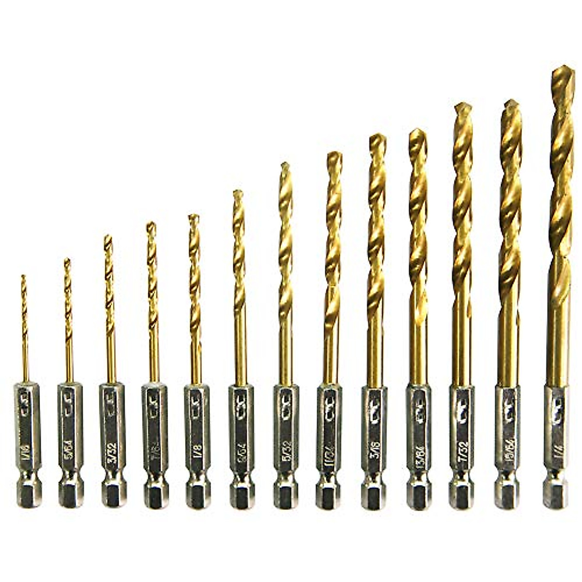 NORTOOLS Hex Shank Drill Bit Set 13 PCS High Speed Steel Titanium Coated Twist Drill Bits 1/4 Inch Quick Change Hex Driver Set for Wood Plastic Aluminum Alloy (1/16" - 1/4")