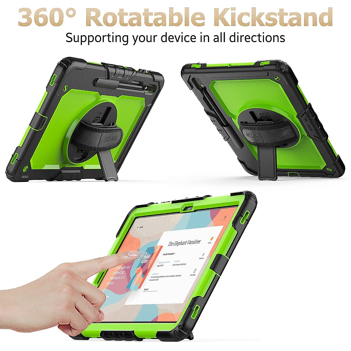 SEYMAC stock Case for Samsung Galaxy Tab S7 FE / S8 Plus 5G Case 12.4'' with Screen Protector Pencil Holder [360 Rotating Hand Strap] &Stand, Drop-Proof, Green/Black