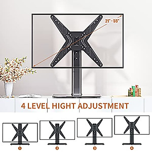 Hemudu Universal Swivel TV Stand/Base Table Top TV Stand for 21 to 55 inch TVs with 90 Degree Swivel, 4 Level Height Adjustable, Heavy Duty Tempered Glass Base, Holds up to 99lbs, HT02B-002