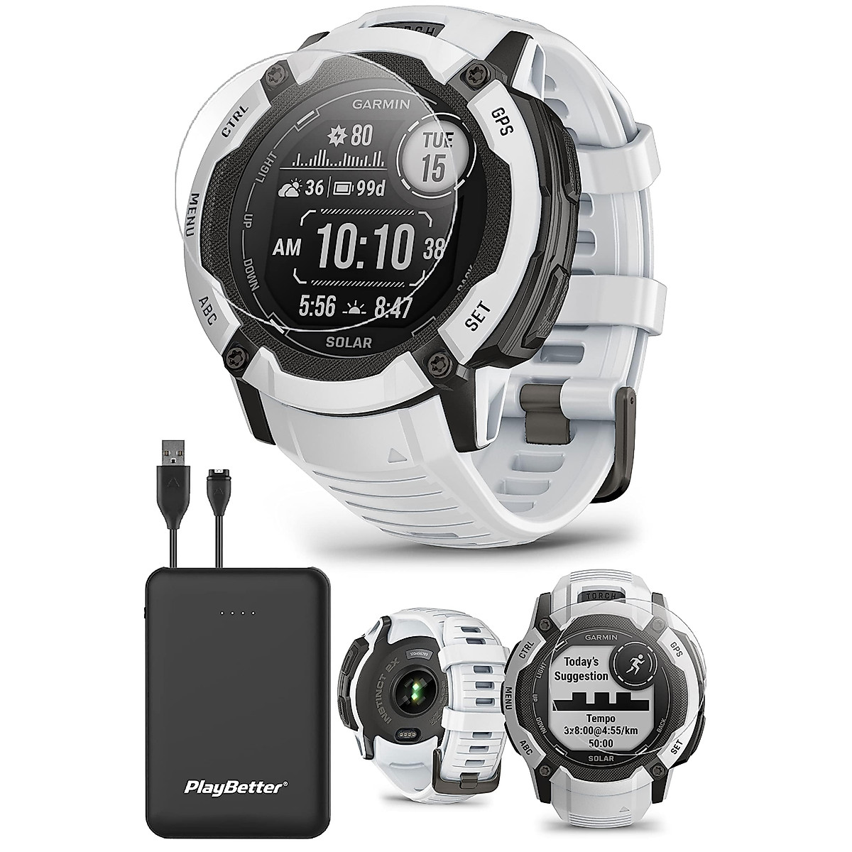 Garmin Instinct 2S Solar Surf (Ericeira) Rugged GPS Smartwatch Bundle - Multi-Band GNSS, 24/7 Health Monitoring, Smart Notifications with PlayBetter Portable Charger & Screen Protectors