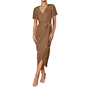 PRETTYGARDEN Women's Summer Formal Midi Satin Dress Short Sleeve V Neck Belted Cocktail Party Ruched Dresses (Brown,Large)