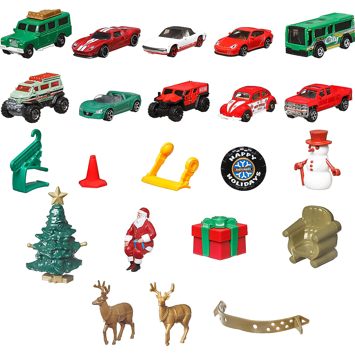Matchbox Cars Advent Calendar, Mix of 10 Die-Cast 1:64 Scale Toy Cars, Trucks or Buses, 14 Accessories & Playmat (Styles May Vary)