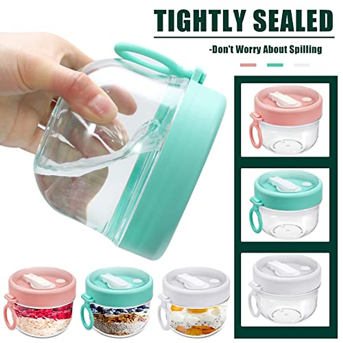 Rtteri 3 Pcs 20 oz Large Overnight Oats Containers with Lids and Spoons Plastic Yogurt Jars Leakproof Overnight Oats Jars with Lids Smoothie Containers Cups for Food Storage, 3 Colors