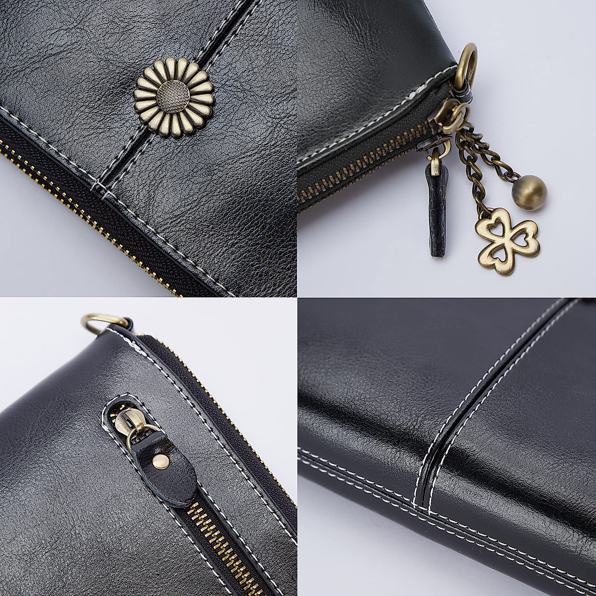 Perenne Small Crossbody Purses for Women Clutch Crossbody Bag Wristlet Handbags Large Capacity Genuine Leather Double Zipper with Wrist Shoulder Strap Black