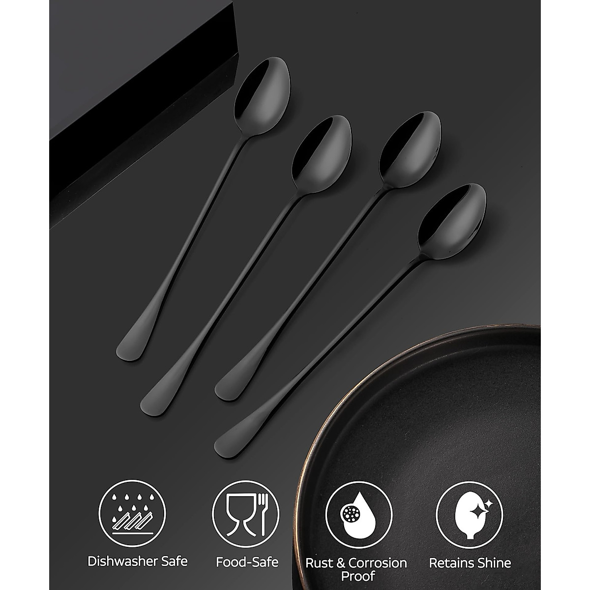 Lovingly Yours 7.5-Inch Long Handle Ice Tea Spoons, Ice Cream Spoons, Black Coffee Spoons, Long Spoons for Stirring, Stainless Steel Spoons for Dessert, Sundae, Shakes