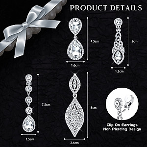 Jstyle 4 Pairs Clip on Earrings for Women Rhinestone Crystal Wedding Earrings Elegant Silver Teardrop Drop Dangle Clip on Earrings for Bride Bridesmaid Non Pierced Earrings Classic Style