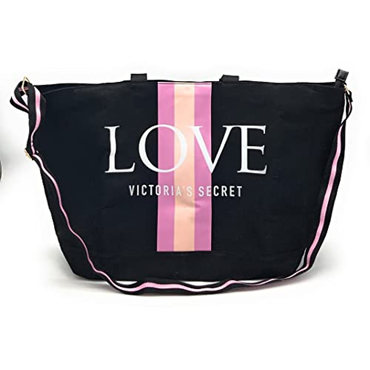 Victoria's Secret Weekender Tote Bag, Black Pink Stripes Love