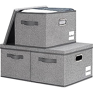 LHZK Large Storage Bins with Lids 9 Pack, Linen Fabric Storage Boxes with Lids, Foldable Storage Baskets with 3 Handles and Label Window for Shelves Bedroom Closet Office (15x11x9.6, Black,Grey,Beige)