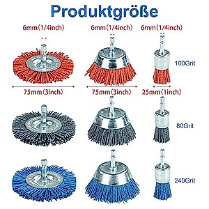 SALI 9 Pack Nylon Filament Abrasive Wire Brush Wheel & Cup Brush Set with 1/4 Inch Hex Shank, 3 Sizes Nylon Drill Brush Set for Removal of Rust Corrosion Paint