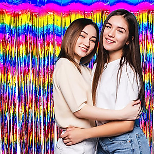 Sparkly Rainbow Foil Fringe Curtain Metallic Streamers Tinsel Party Backdrop Decorations for Birthday Gay Pride Day Graduation Wedding Engagement Bridal Shower Bachelorette Photo Booth Props - 2 Packs