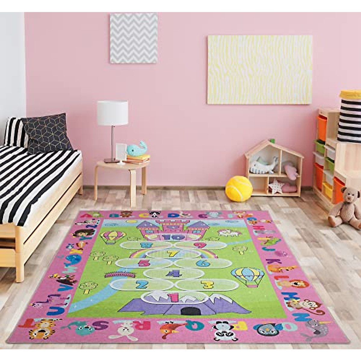 Ottomanson Machine Washable Wrinkle Free Hopscotch Princess Design Cotton 4x6 Kid's Area Rug for Playroom, Kid's Room, Bedroom, Kindergarten, 4' x 6', Pink