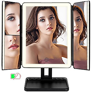 FASCINATE 176 LED Rechargeable Lighted Makeup Mirror, Super Bright Trifold Vanity Mirror with Lights, Cordless Lit up 2X/3X Magnification Mirror, 3 Color Setting Beauty Mirror Desk Black