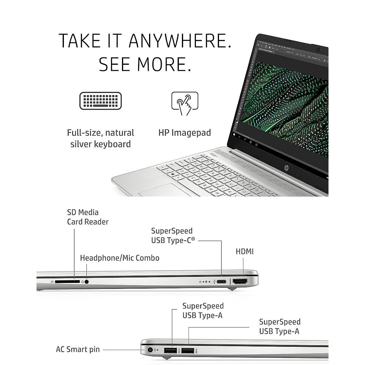 HP 15 inch Laptop, Intel Pentium Gold 7505 Processor, Intel UHD Graphics, 128 GB SSD, Windows 10 Home (15-dy2010nr, Natural Silver)
