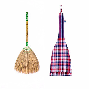 SN SKENNOVA - Asian Flower Grass Broom Witch Broom Bamboo Stick Handle Red or Green on Random
