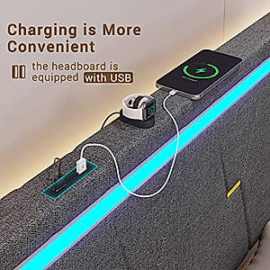 ADORNEVE Queen Bed Frame with 2 USB Charging Station, LED Lights Headboard Footboard, Upholstered Platform Bed with Storage Drawers, No Box Spring Needed, Dark Grey