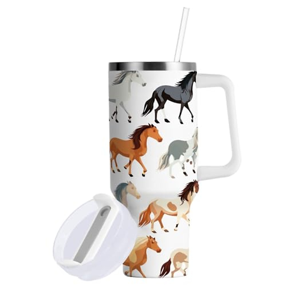 RPLIFE Colorful Horse 40 Oz Tumbler with Handle, Stainless Steel Coffee Tumbler, Insulated Coffee Mug with Lid