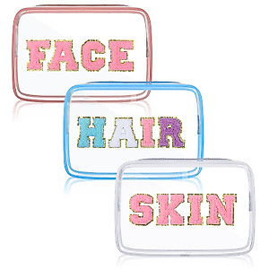 Sotiff 3 Pcs Preppy Clear Makeup Bags Chenille Letter Patch Pouch with Zipper Waterproof Cosmetic Toiletry Bag Transparent Toiletry Bags for Women Gift Bathroom Travel, Vacation(Stylish Style)