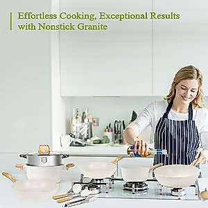 SODAY Pots and Pans Set, Nonstick Kitchen Cookware Sets, 12 Pcs Induction Cookware Granite Cooking Set with PFOS & PFOA Free Frying Pans, Saucepans, Steamer Silicone Shovel Spoon & Tongs (White)