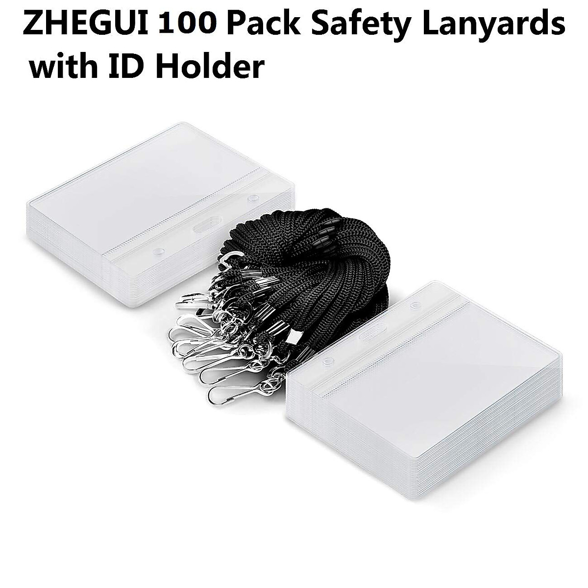 ZHEGUI Breakaway Lanyards with ID Holder Clear Plastic Horizontal Nametag Badge Holders (100 Pack, Satin Black)