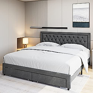 King Bed Frame with 2 Storage Drawers, Fabric Upholstered Platform Bed Frame with Deep-set Pattern Button Tufted Headboard, Sturdy Wood Slats Support Mattress Foundation, No Box Spring Needed, Grey