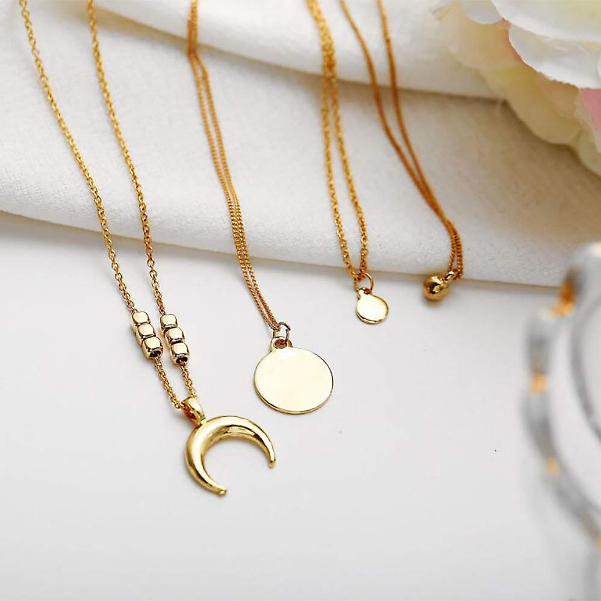 Chargances Bohemia Women Necklace Disc and Moon Necklace Coin Pendant Necklace Delicate Choker Chain Multi layer Necklaces for Women Gold Moon Crescent Disc Jewelry for Women and Girls