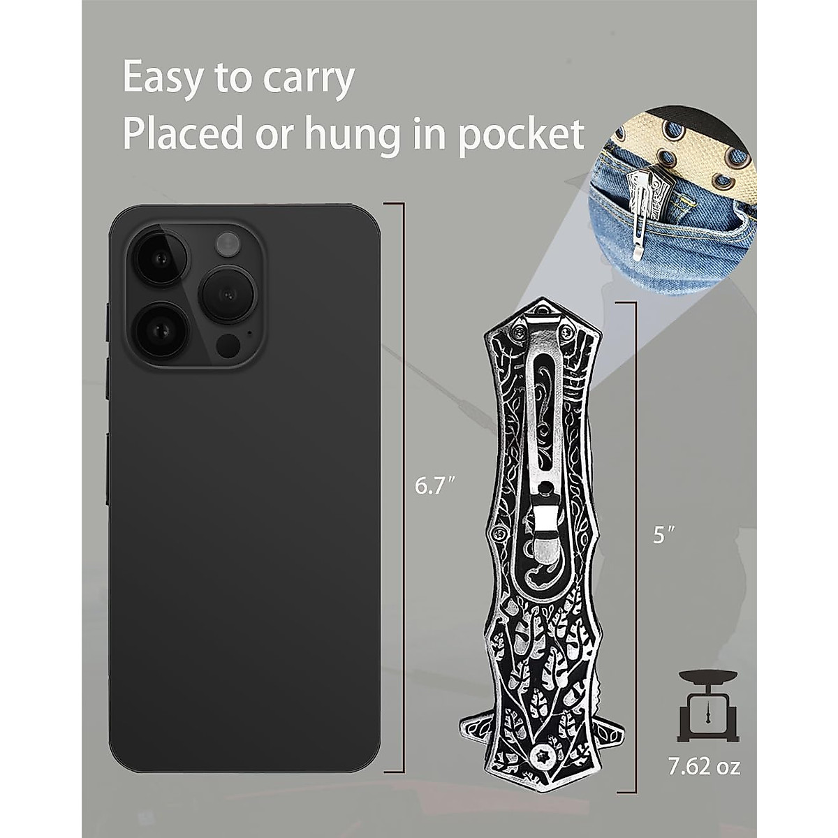 SELUCREH Folding Knife Stainless Steel Blade with 3D Retro Embossed Pattern, Pocket Clip for Men,Sharp Camping Survival Hiking Knives (Sword Type)