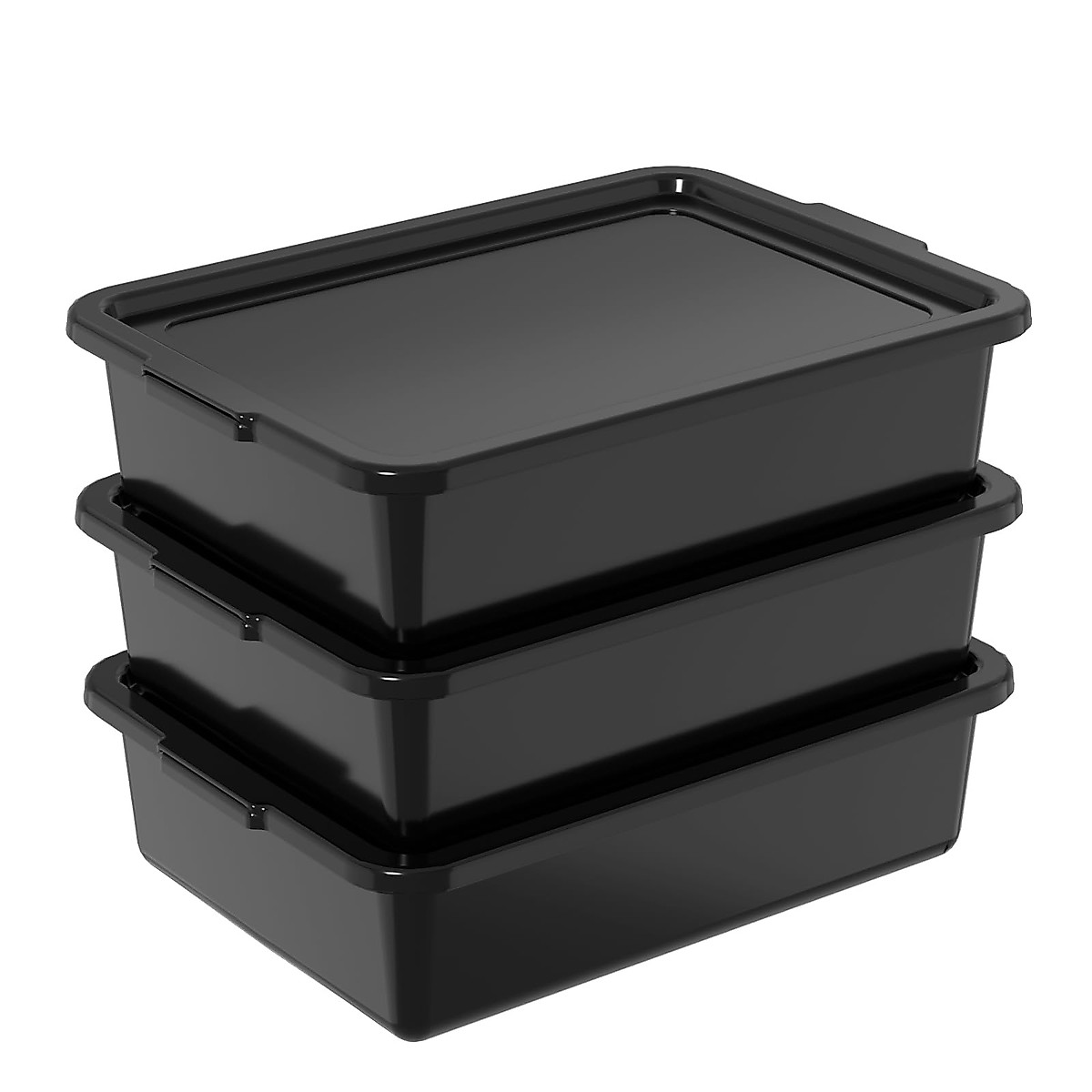 DynkoNA 3 Pack 13 L Plastic Commercial Bus Box, Restaurant Bus Tub with Lid, Black