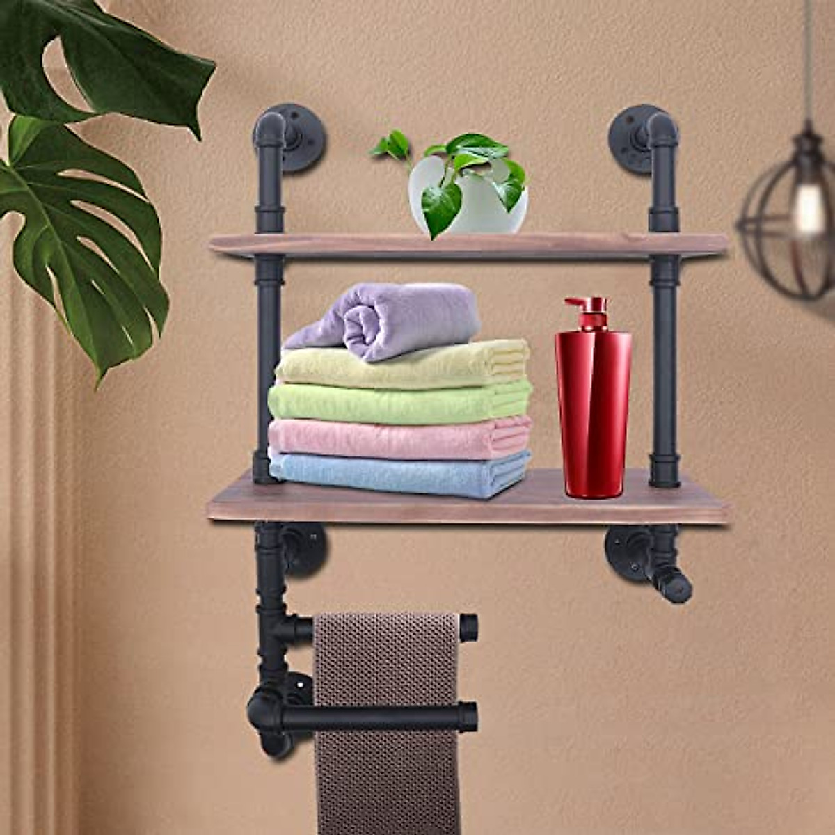VPABES 2-Shelf Wall Floating Shelf Unit, Rustic Industrial Pipe Wooden Storage Shelving Bathroom Shelves Wall Mounted with 2 Towel Bars Hanging Shelf for Living Room, Bathroom, Bedroom