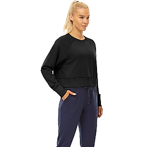 icyzone Cropped Crewneck Sweatshirt for Women, Casual Long Sleeve Pullover Tops for Spring Fall Winter (Medium, Black)