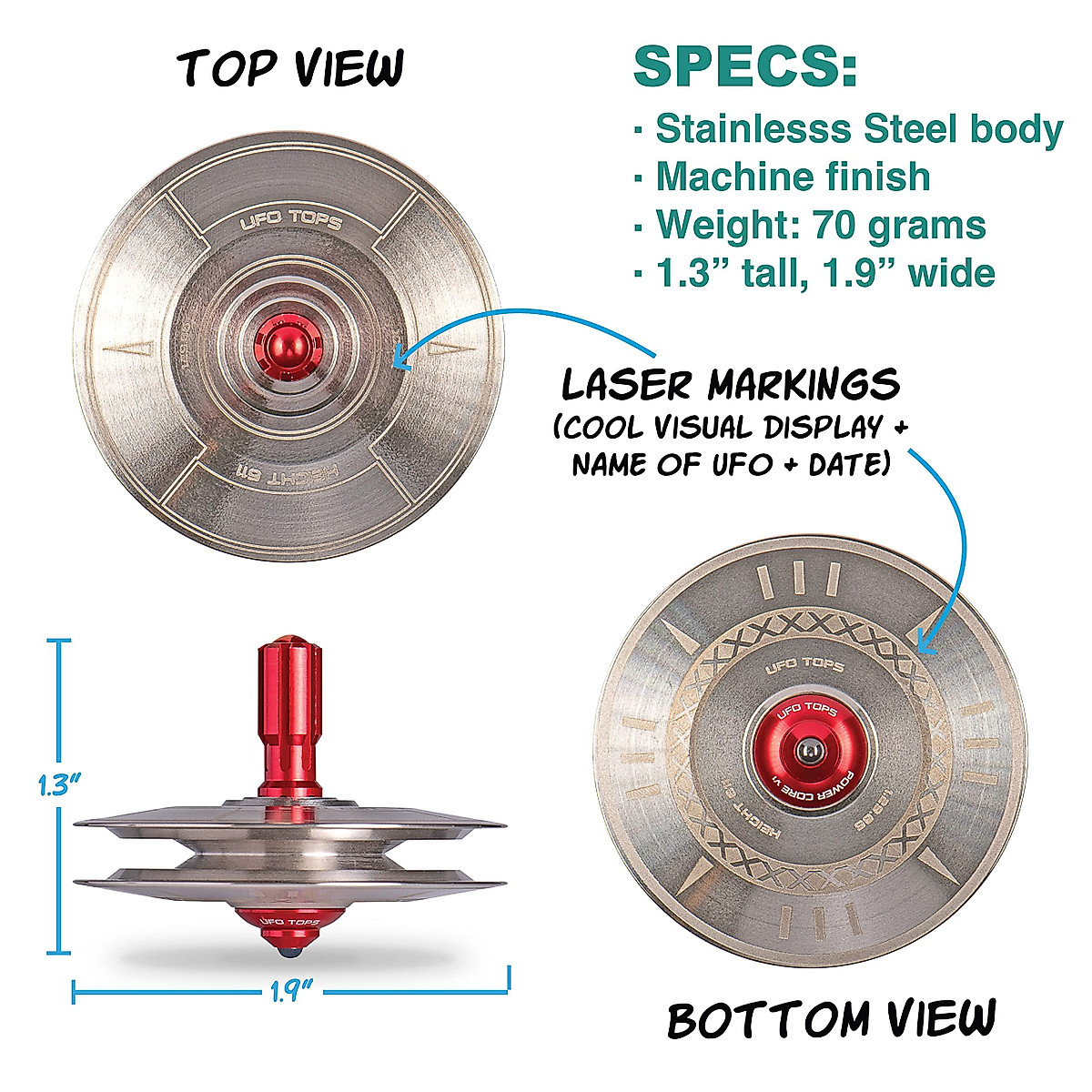 UFO Tops - Height 611 | Metal Spinning Top | Inspired by The 1986 Soviet Union UFO Incident | Raw Stainless Steel UFO Body and Fireball Red Power Core™