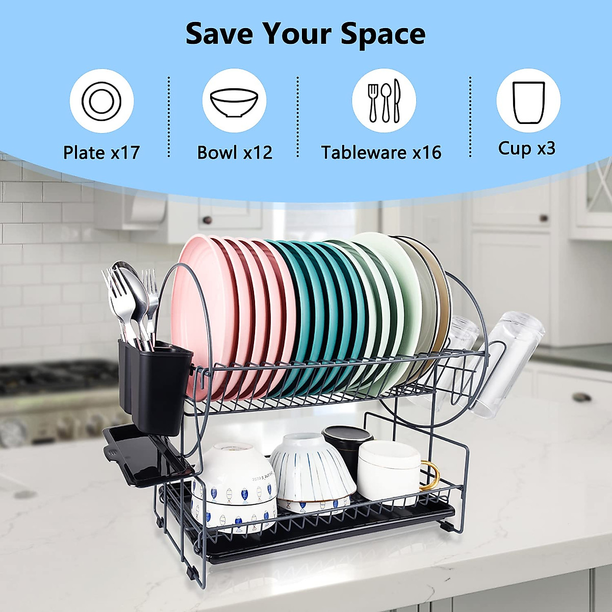 Housen Solutions Dish Drying Rack, 2 Tier Rust-Resistant Dish Rack with Drainboard, Dish Racks for Kitchen Counter with Glass and Utensil Holder