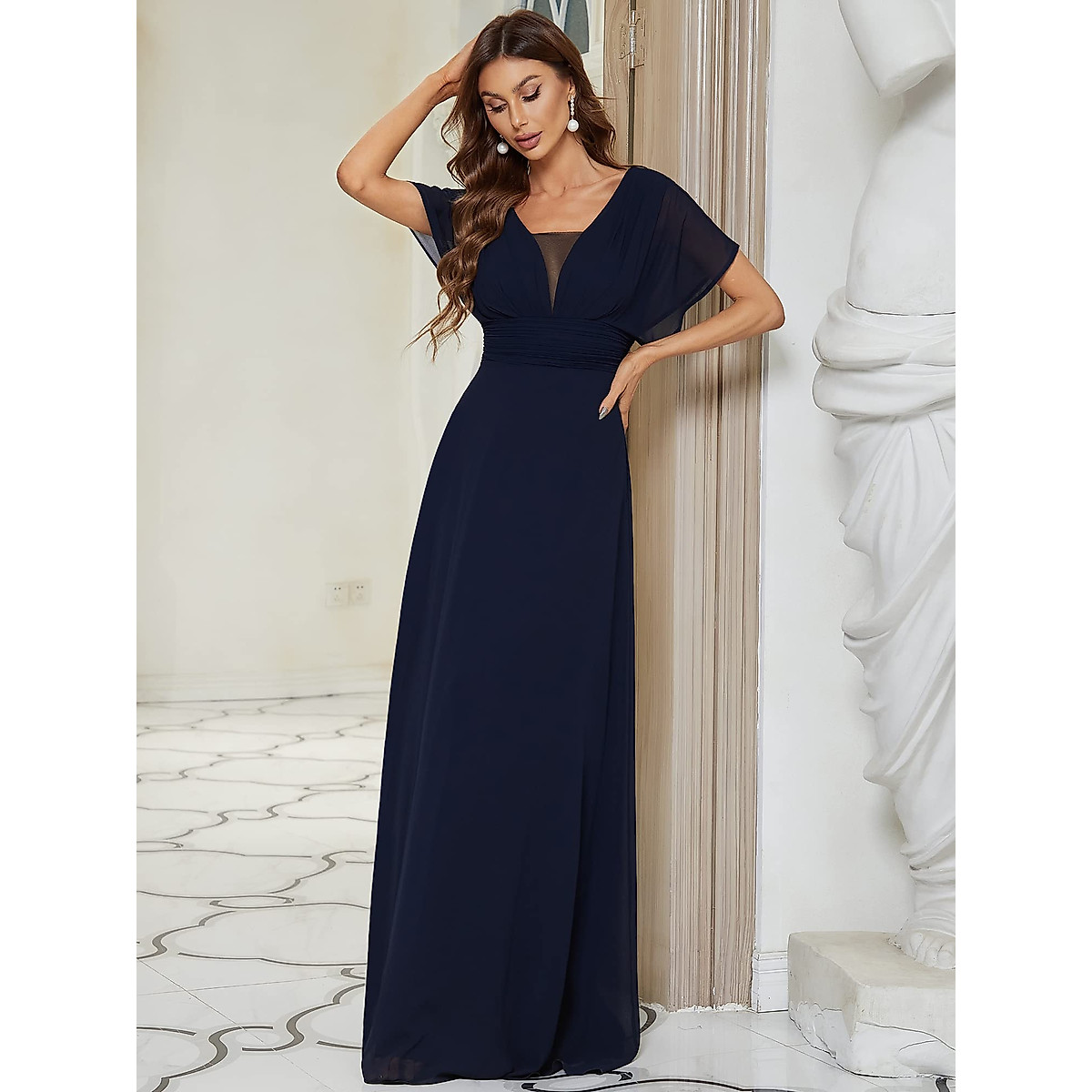 Ever-Pretty Women's Elegant Formal Dress V-Neck Short Sleeve Chiffon Long Mother of The Bride Dresses Navy Blue US12